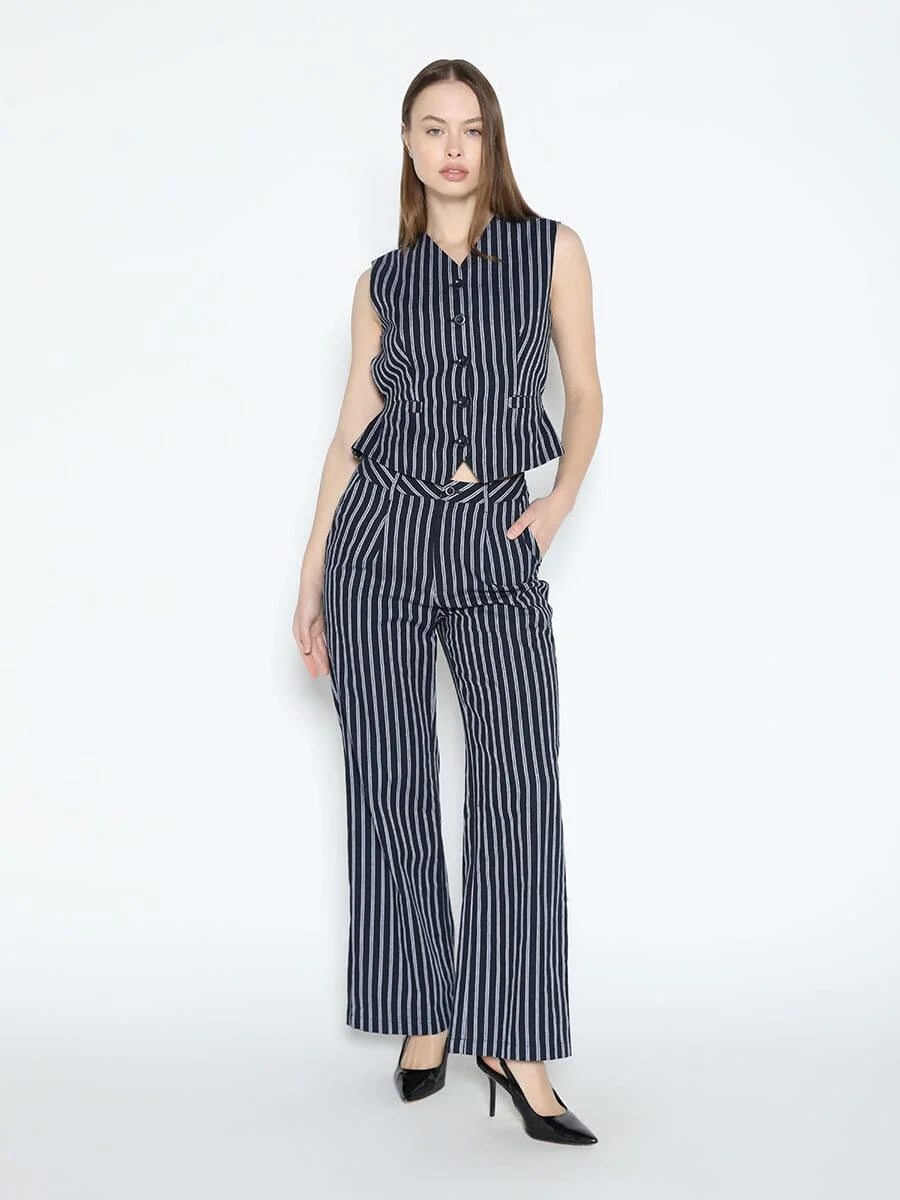 GRACIA-Striped V-Neck Button Down Westcoat And Pant Set – Tallulah ...